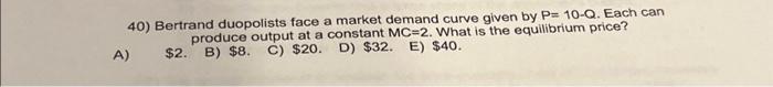 Solved Bertrand duopolists face a market demand curve given | Chegg.com