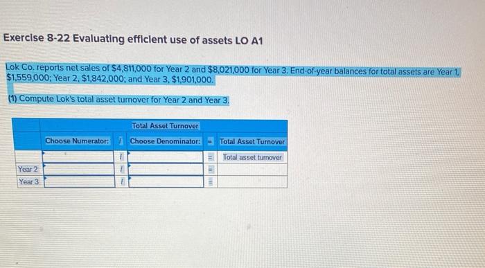 Solved Exercise 8-22 Evaluating efficient use of assets LO | Chegg.com