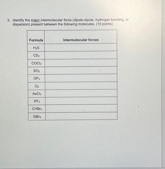 Solved 3. Identify the major intermolecular force | Chegg.com