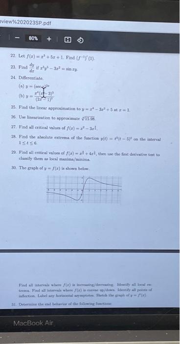 Solved 22. Let f(x)=x3+5x+1. Find (f−1)′(1). 23. Find dxdy | Chegg.com