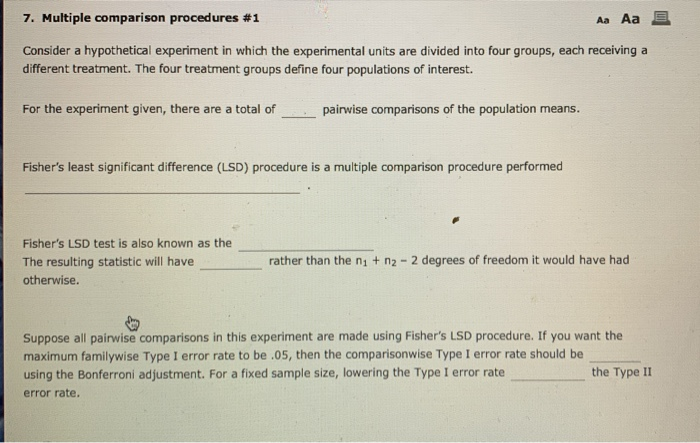 Solved 7. Multiple comparison procedures #1 Aa Aa E Consider | Chegg.com