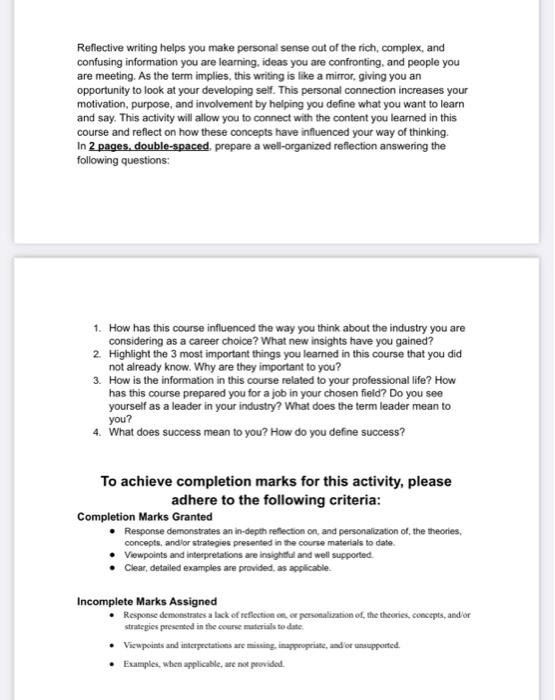 Solved Reflective writing helps you make personal sense out | Chegg.com