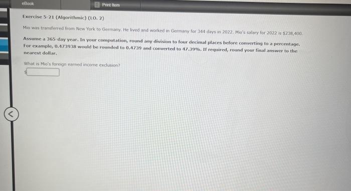 Solved Exercise 5-21 (Algorithmic) (1.0,2) Mio was | Chegg.com
