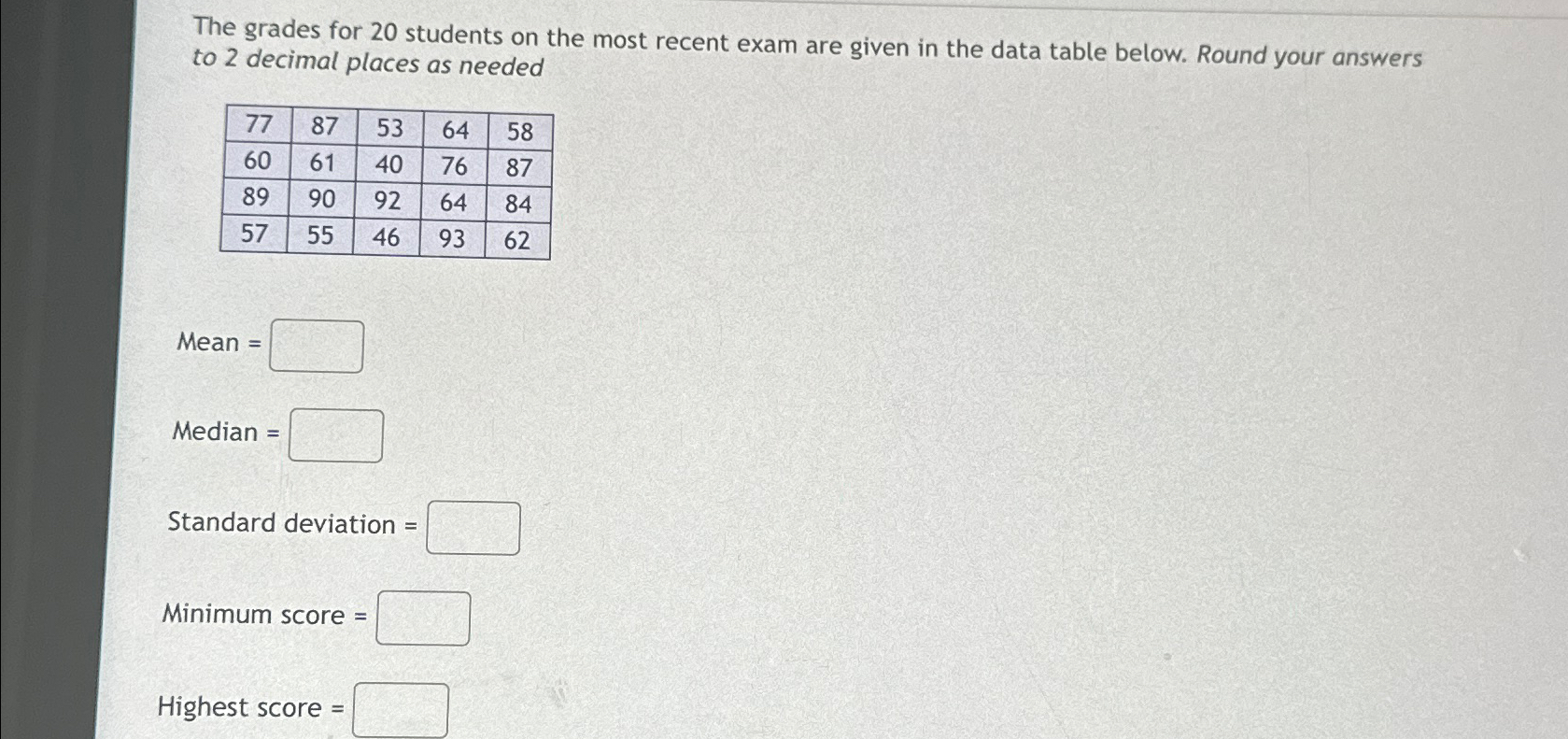 Solved The grades for 20 ﻿students on the most recent exam | Chegg.com
