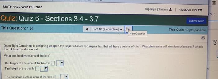 Solved MATH 1160/W02 Fall 2020 Topanga johnson & | Chegg.com