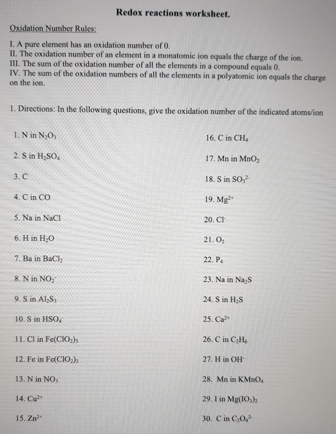 Solved Redox reactions worksheet. Oxidation Number Rules: I. | Chegg.com
