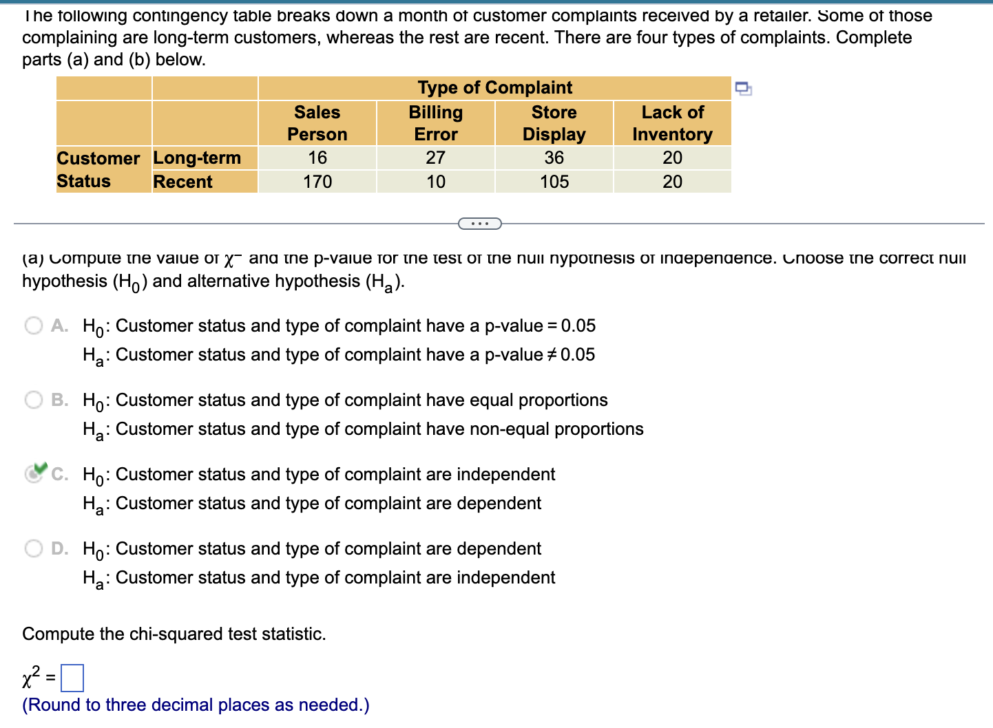 Solved Compute the chi-squared test statistic. Round to 3 | Chegg.com