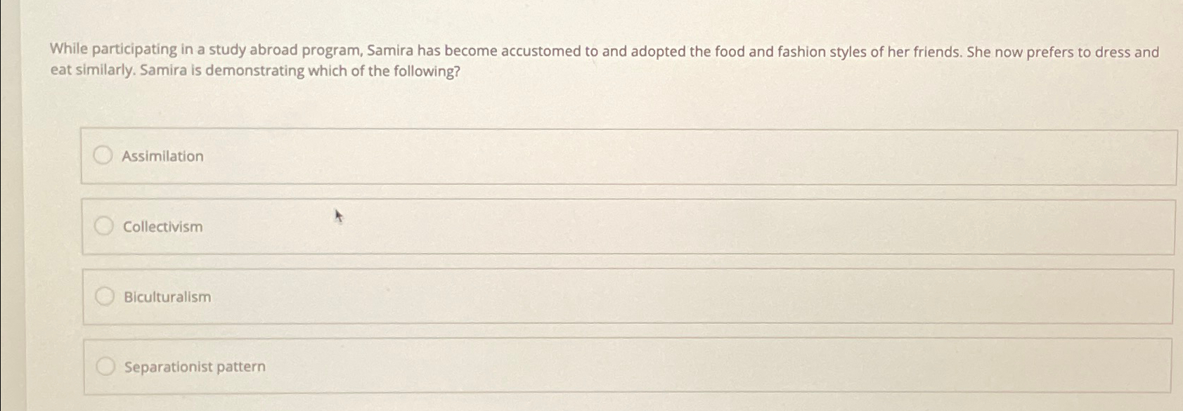 Solved While participating in a study abroad program, Samira | Chegg.com