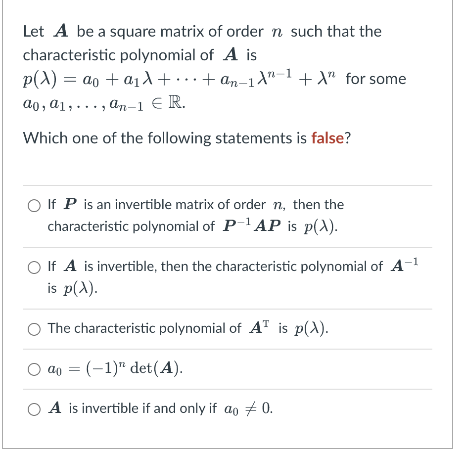 Solved Let A ﻿be a square matrix of order n ﻿such that | Chegg.com