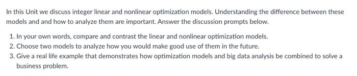 Solved In this Unit we discuss integer linear and nonlinear | Chegg.com
