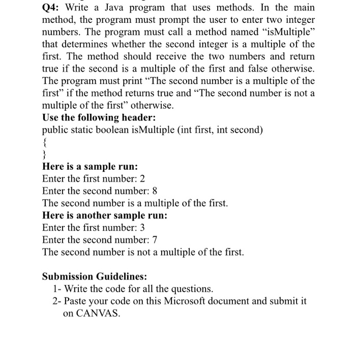 Solved Q4: Write a Java program that uses methods. In the | Chegg.com