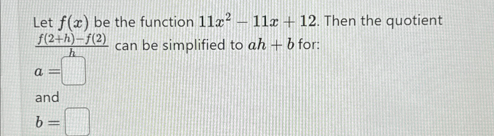 Solved Let f(x) ﻿be the function 11x2-11x+12. ﻿Then the | Chegg.com