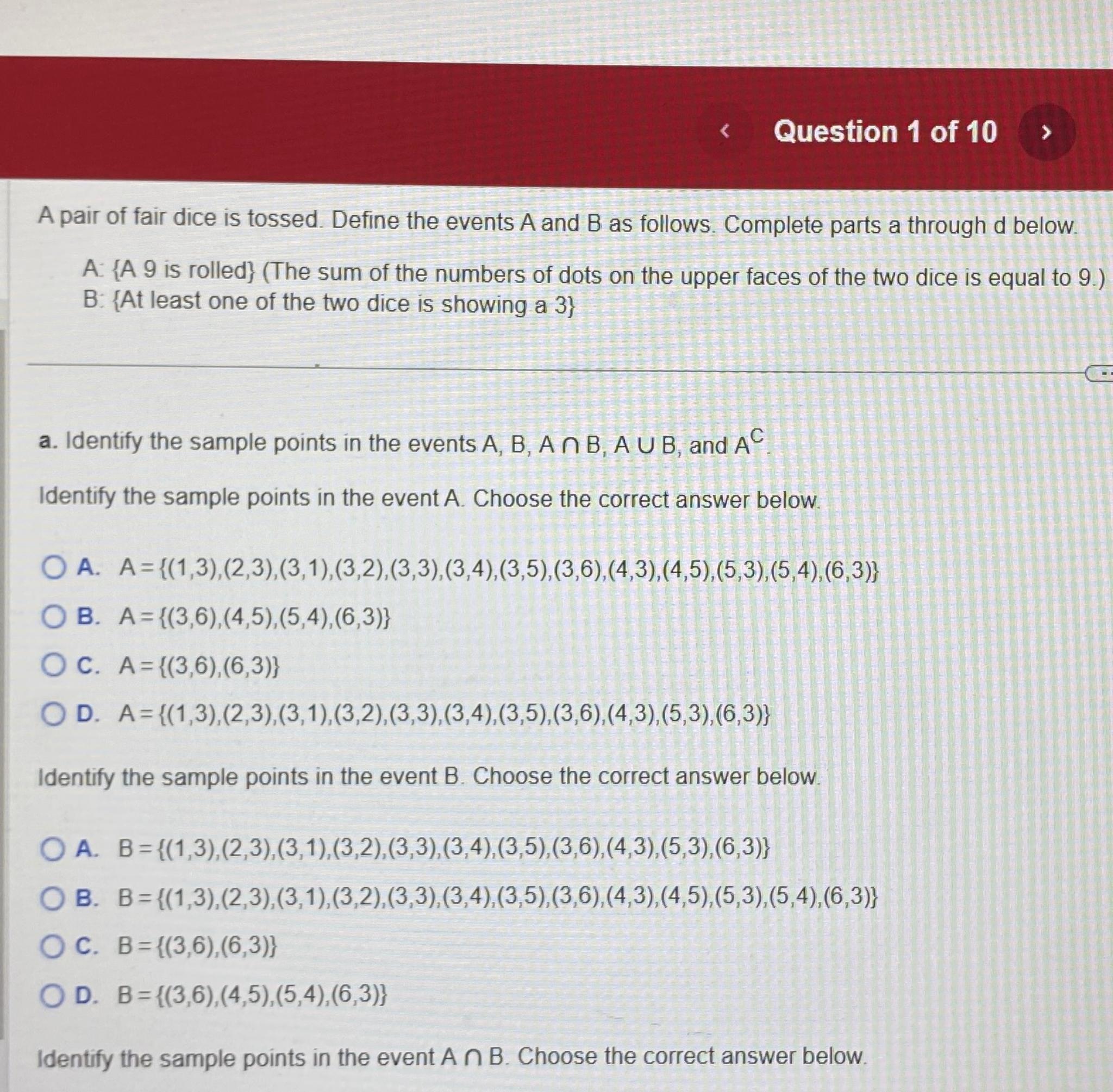 Solved Question 1 ﻿of 10A pair of fair dice is tossed. | Chegg.com