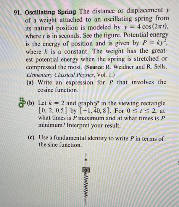 Solved Oscillating Spring modeled by y=4cos(2pit). PE given | Chegg.com