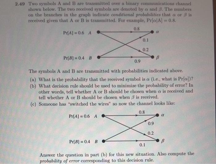 Solved 2.49 Two symbols A and B are transmitted over a | Chegg.com