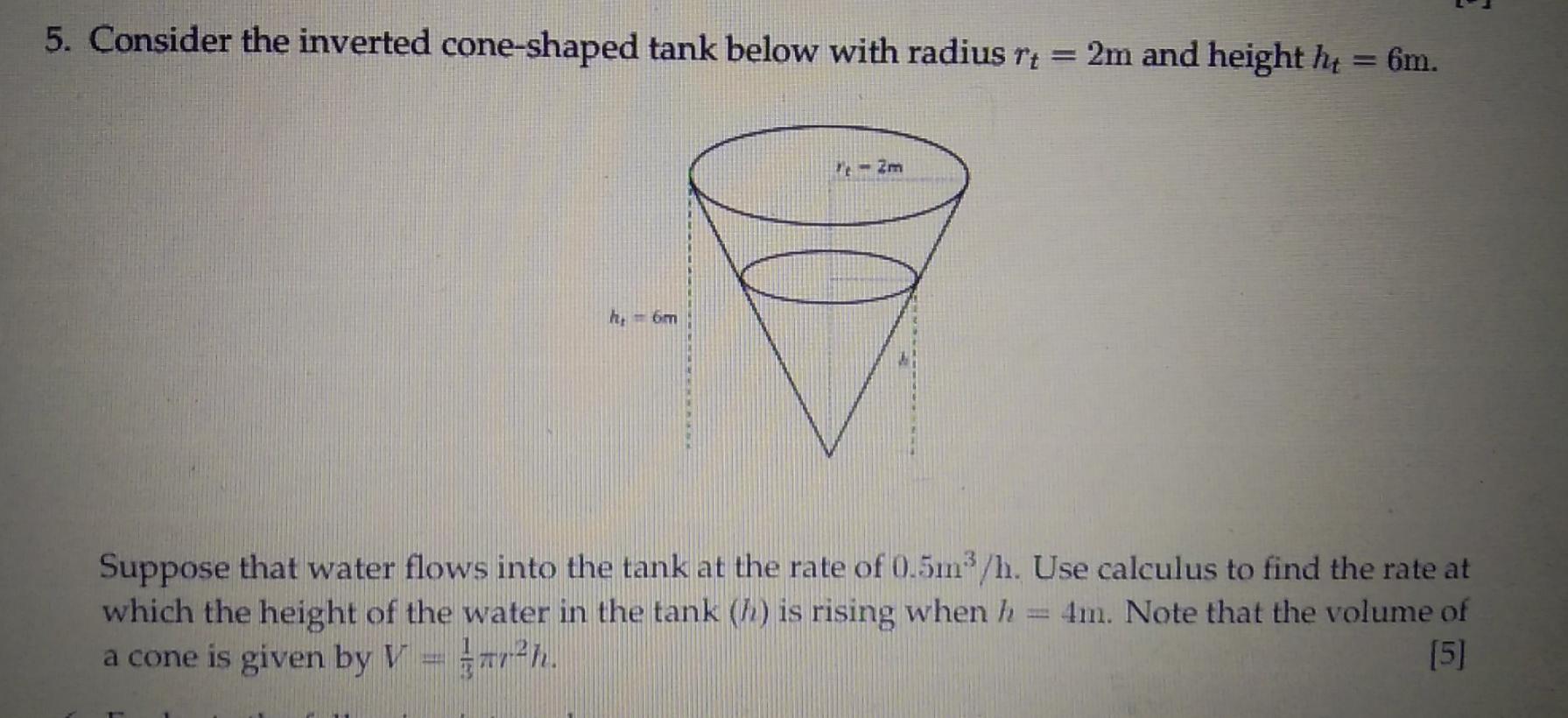 Solved 5. Consider the inverted cone-shaped tank below with | Chegg.com