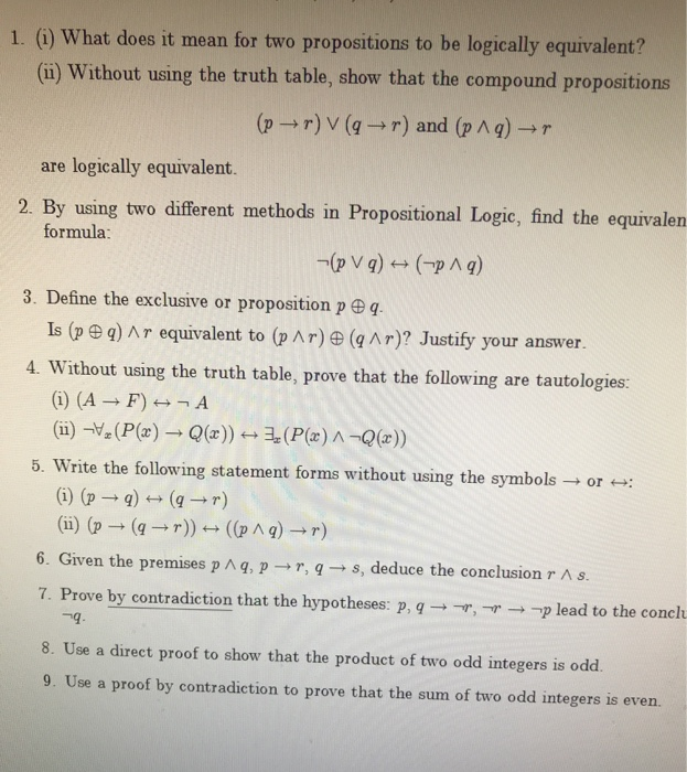 Solved 1. (i) What does it mean for two propositions to be | Chegg.com