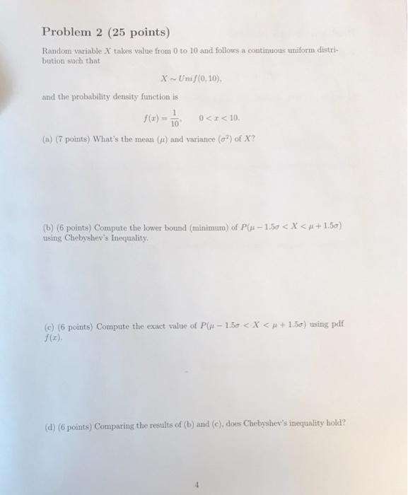 Solved Problem 2 (25 points) Random variable x takes value | Chegg.com