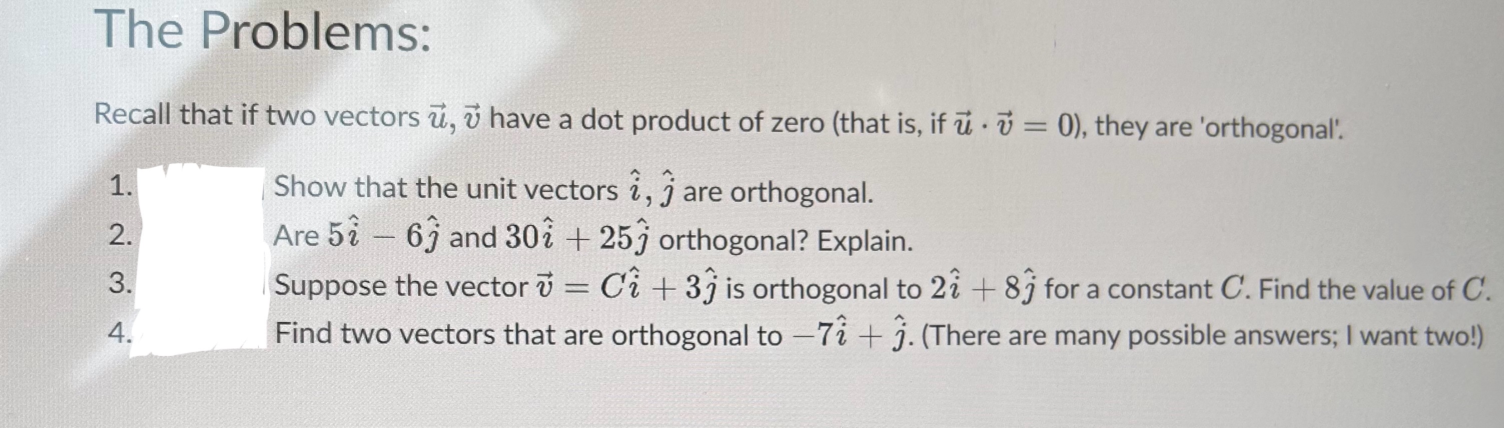 Solved The Problems:Recall that if two vectors vec(u),vec(v) | Chegg.com