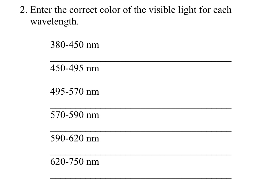 Solved Enter the correct color of the visible light for | Chegg.com