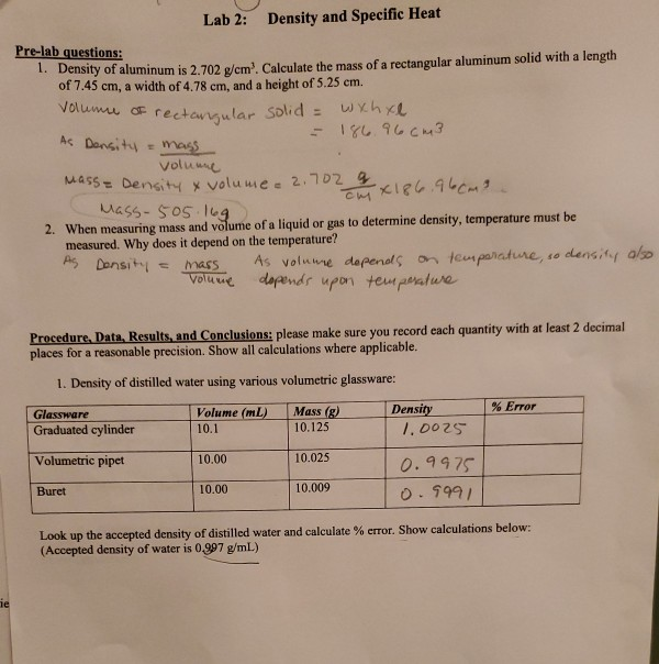 Solved Lab 2: Density and Specific Heat Pre-lab questions: | Chegg.com