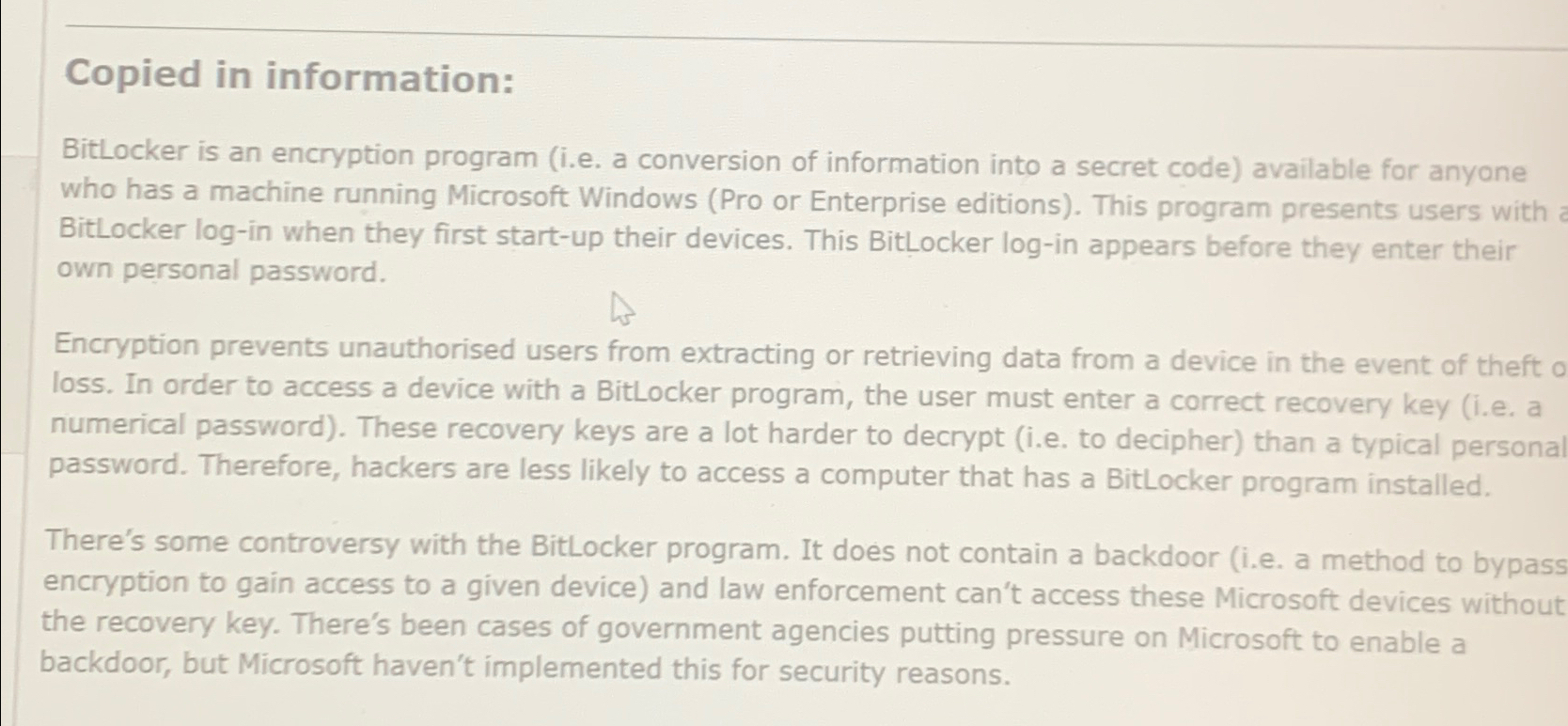 Solved Copied in information:Bittocker is an encryption | Chegg.com