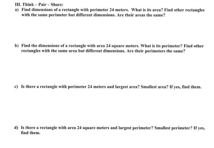 Solved III. Think - Pair-Share: a) Find dimensions of a | Chegg.com