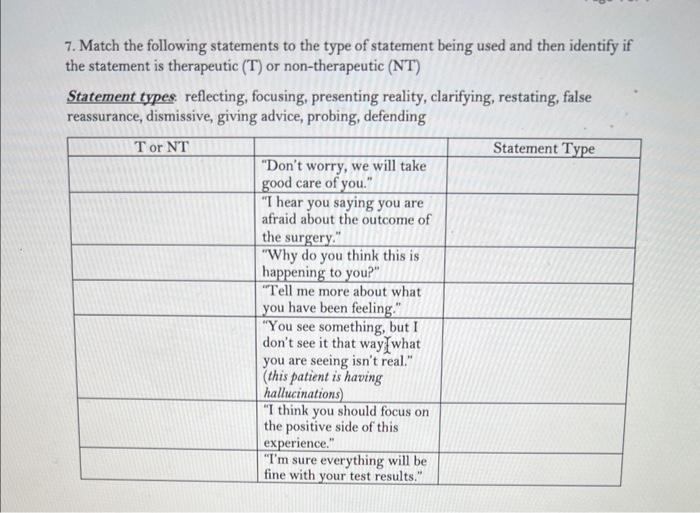 Solved 7. Match the following statements to the type of | Chegg.com