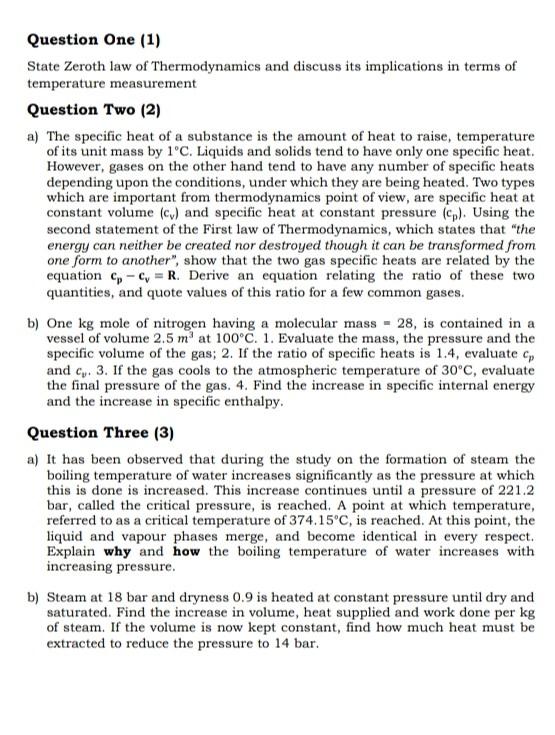 Solved Question One (1) State Zeroth law of Thermodynamics | Chegg.com