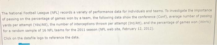 Solved The National Football League (NFL) records a variety | Chegg.com