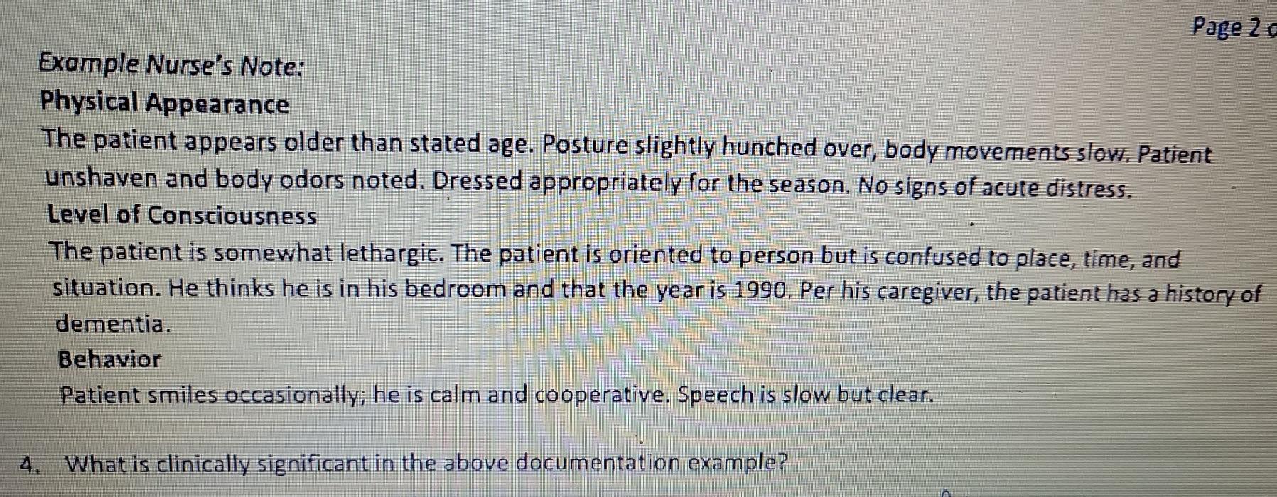 Solved Page 2 Example Nurse's Note: Physical Appearance The | Chegg.com