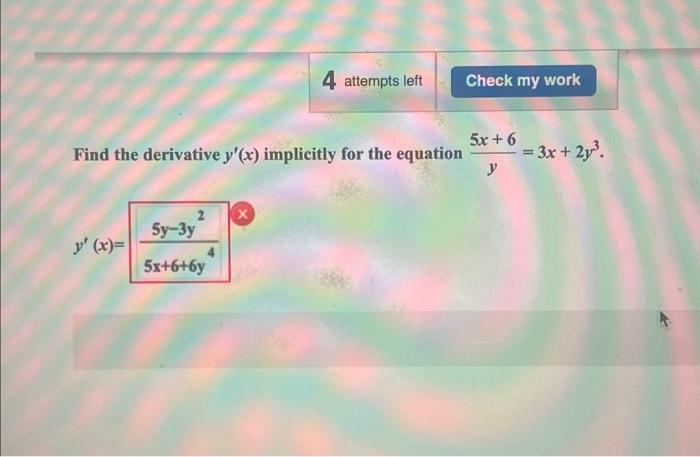 Solved Find the derivative y′(x) implicitly for the equation | Chegg.com
