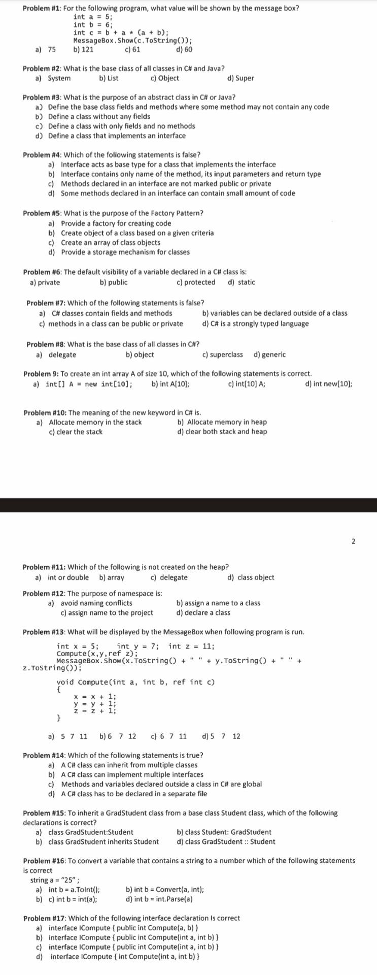 Solved Problem \#1: For the following program, what value | Chegg.com