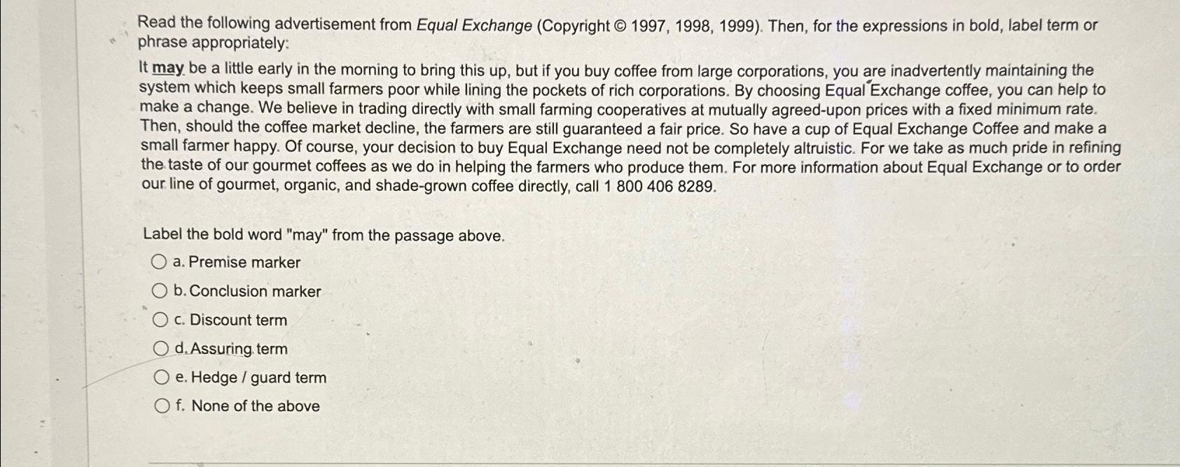 Solved Read the following advertisement from Equal Exchange | Chegg.com