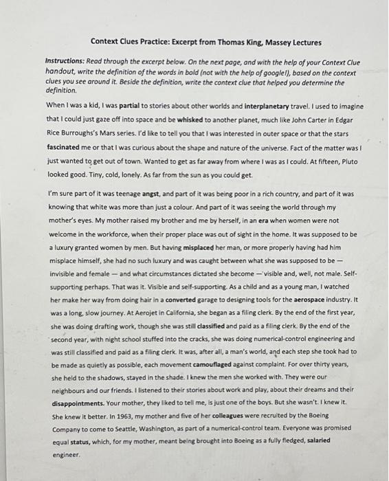 Context Clues Practice: Excerpt from Thomas King, | Chegg.com