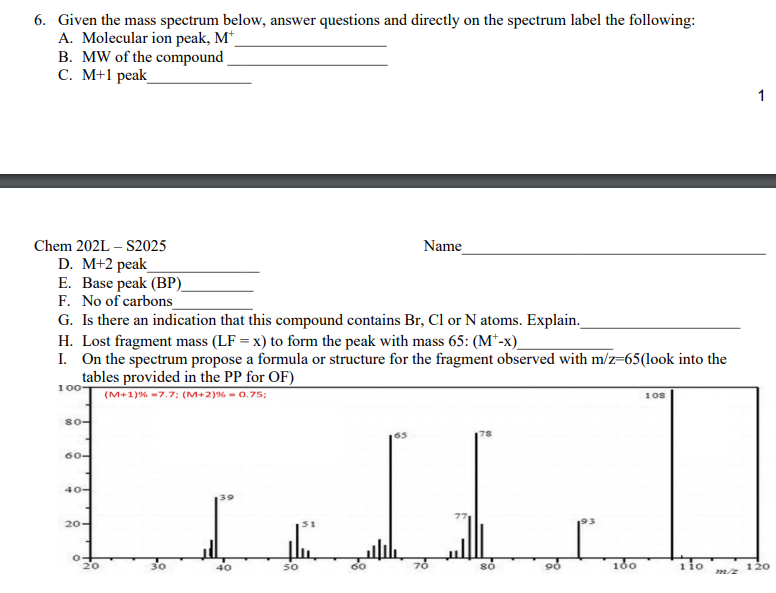 Solved Given the mass spectrum below, answer questions and | Chegg.com