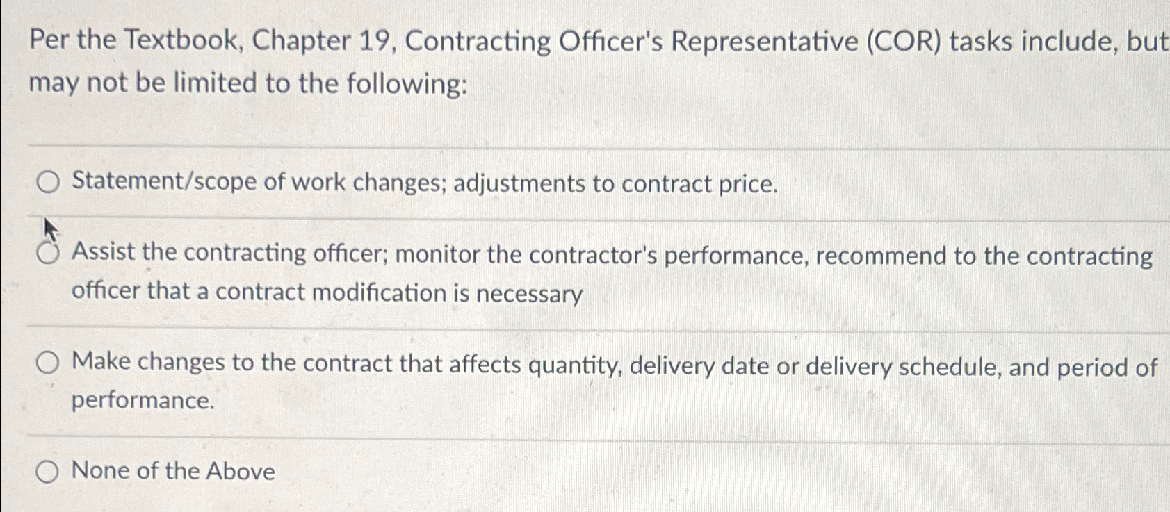 Solved Per the Textbook, Chapter 19, ﻿Contracting Officer's | Chegg.com