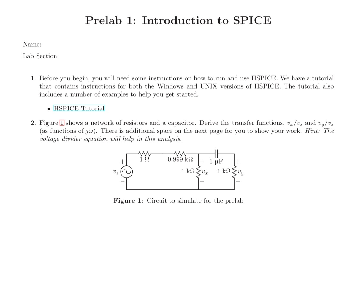 Solved Prelab 1: Introduction to SPICEName:Lab | Chegg.com