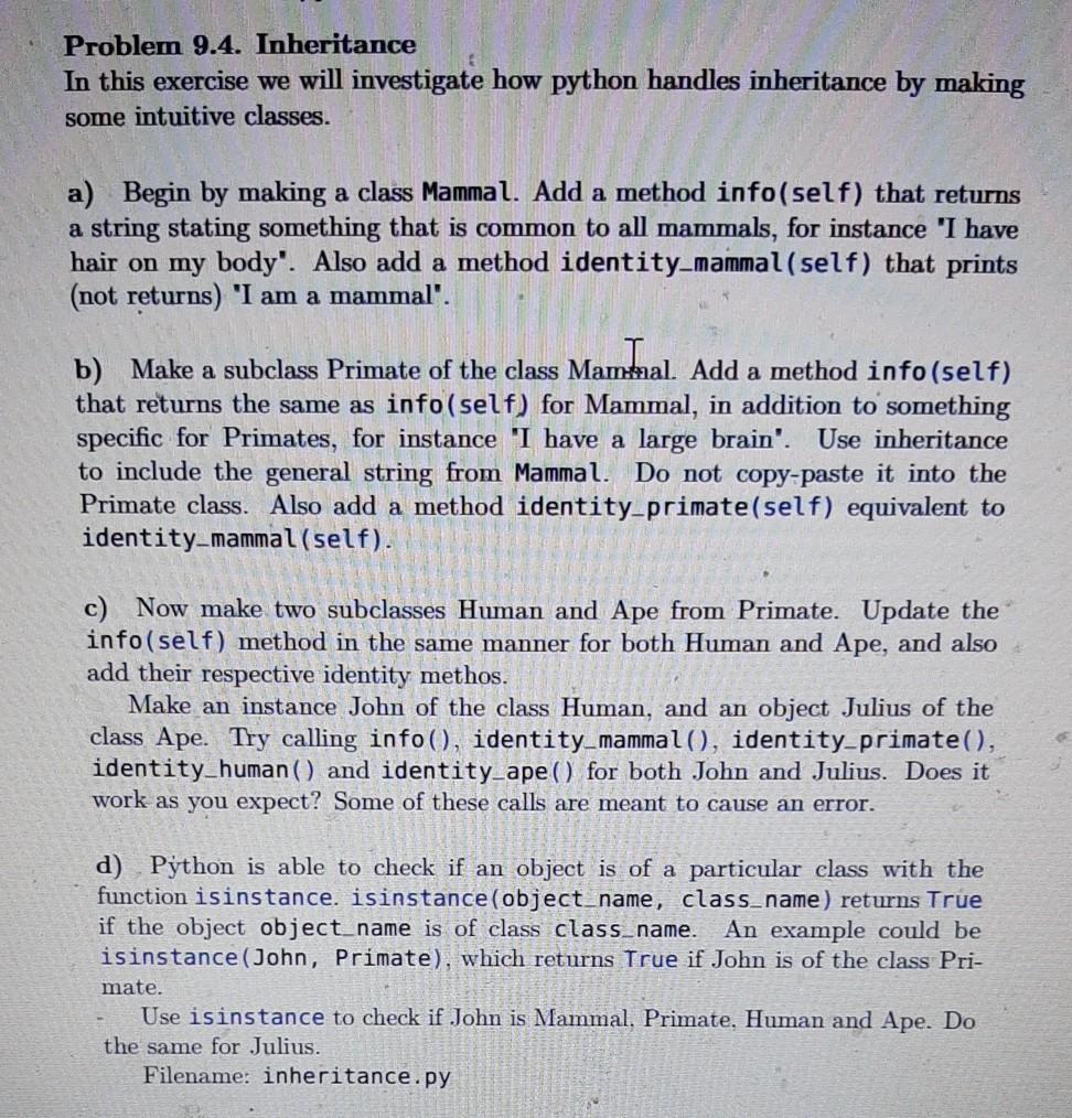 Solved Problem 9.4. Inheritance In this exercise we will | Chegg.com