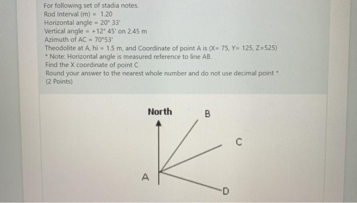 Solved For following set of stadia notes. Rod Interval (m) = | Chegg.com