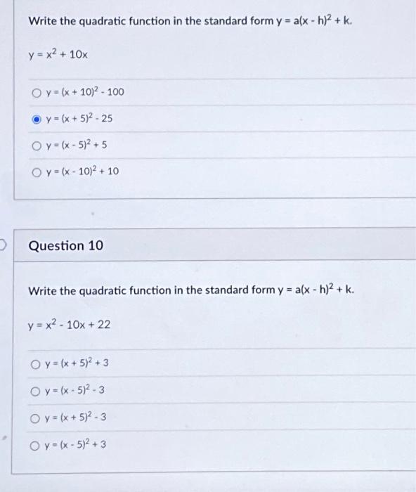 Solved Write the quadratic function in the standard form y = | Chegg.com