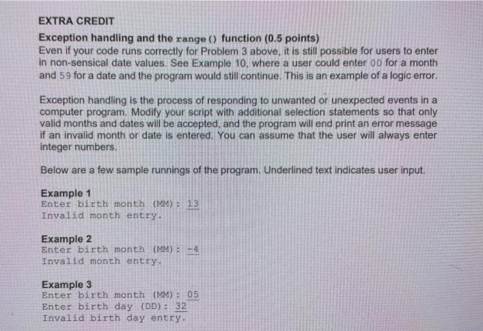 Solved EXTRA CREDIT Exception handling and the range () | Chegg.com
