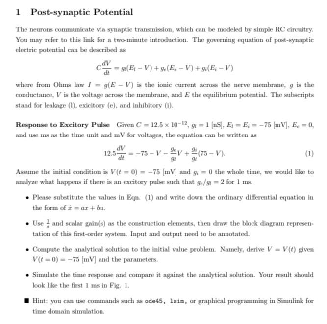 Solved 1 Post-synaptic Potential The neurons communicate via | Chegg.com