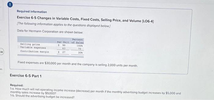 Solved Required information Exercise 6-5 Changes in Variable | Chegg.com