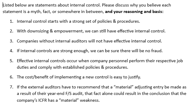 Solved Listed below are statements about internal control. | Chegg.com
