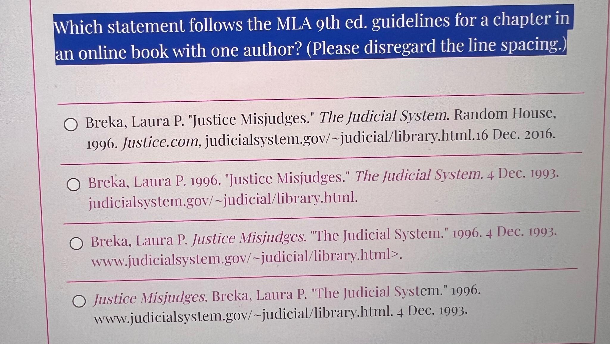 Solved Which statement follows the MLA gth ed. ﻿guidelines | Chegg.com