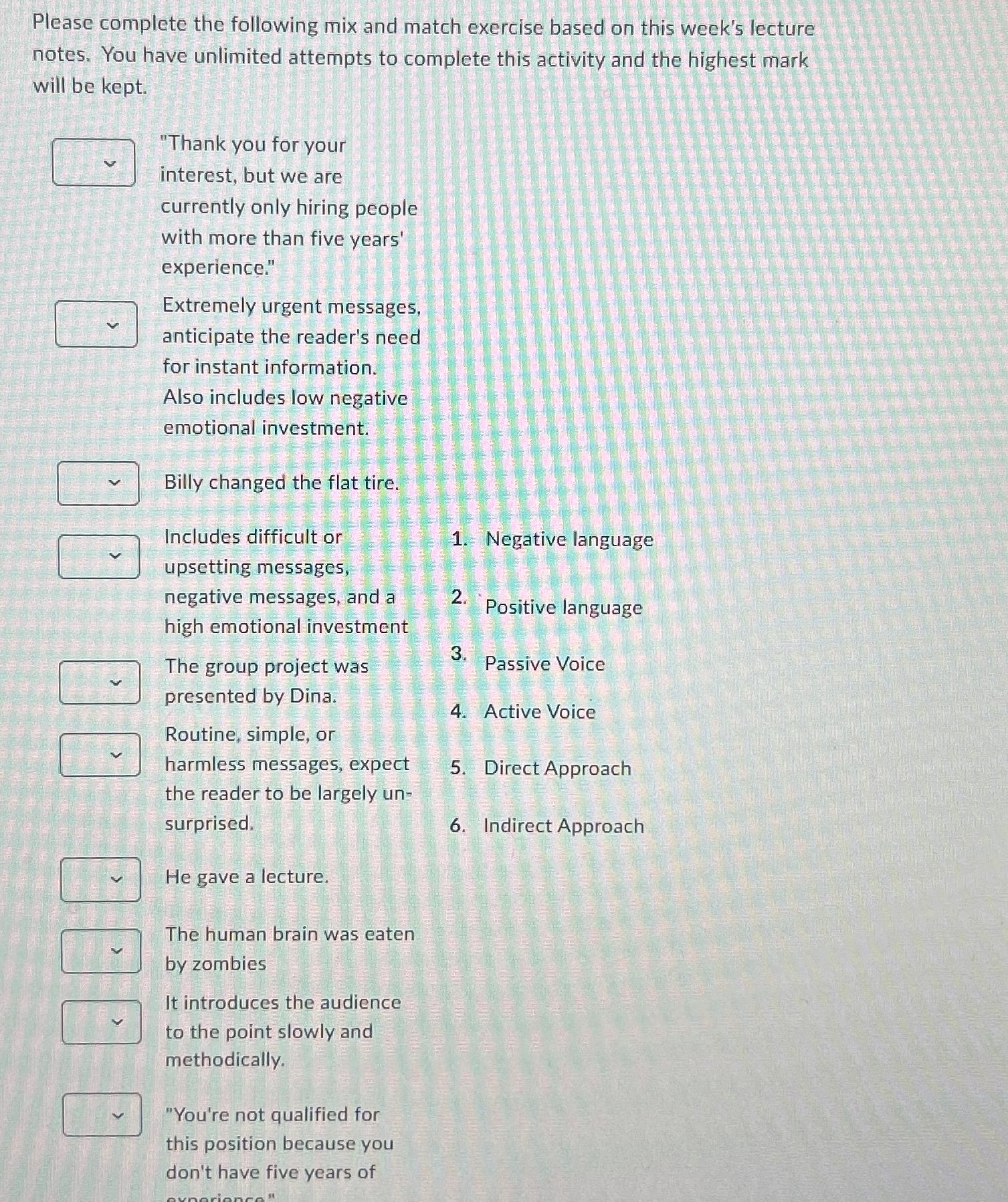 Solved Please complete the following mix and match exercise | Chegg.com