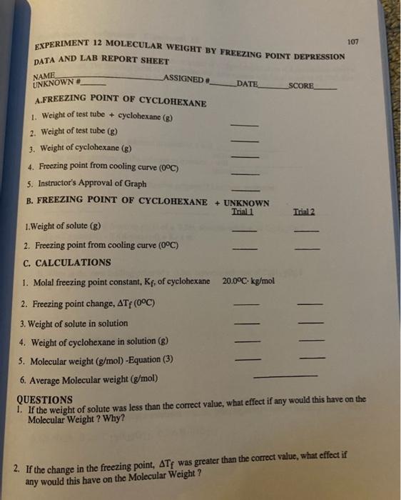 Solved Prelaboratory Assignment Experiment 12 Molecular