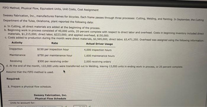 Solved FIFO Method, Physical Flow, Equivalent Units, Unit | Chegg.com