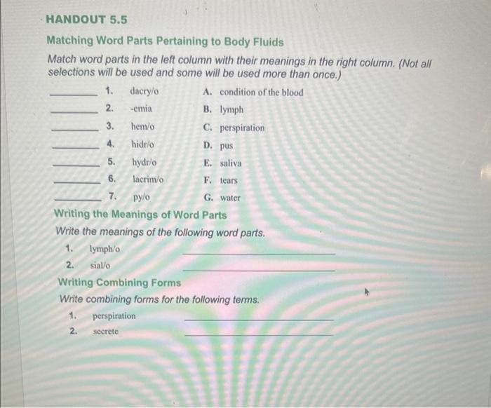 Solved Matching Word Parts Pertaining to Body Fluids Match | Chegg.com